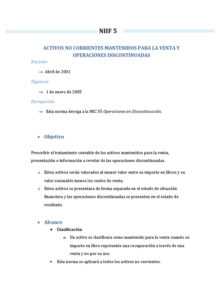 NIIF 5 - Resumen | PDF | Activo fijo | normas internacionales de ...