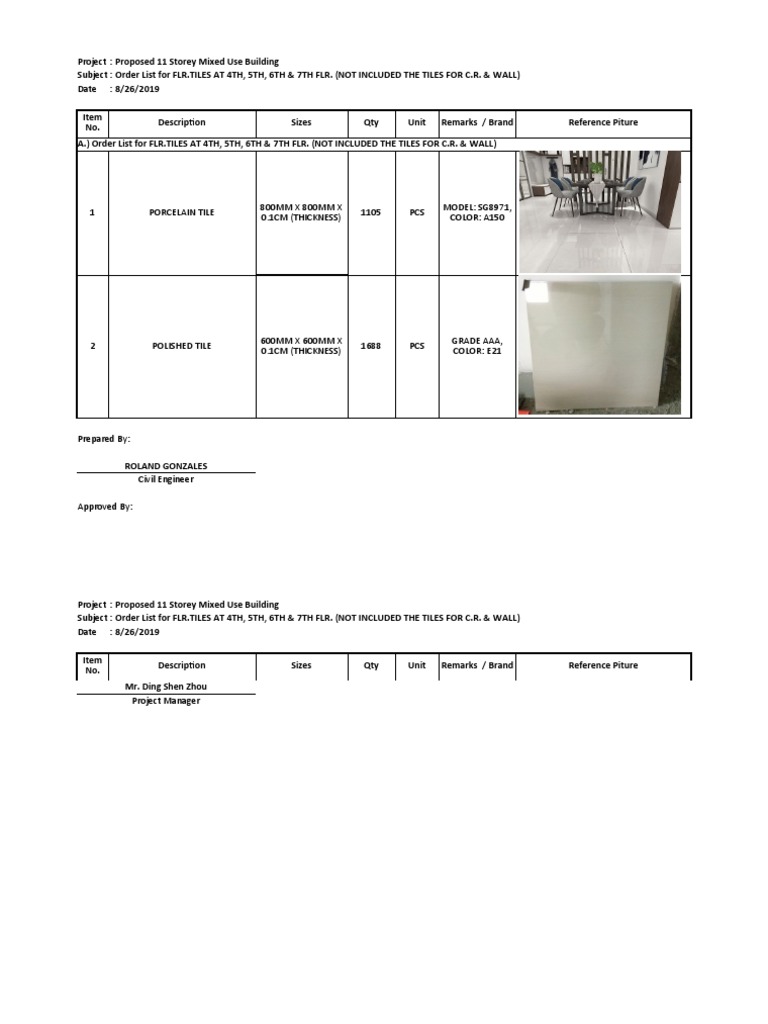 Order List For FLR - TILES AT 4TH, 5TH, 6TH & 7TH FLR. (NOT INCLUDED ...