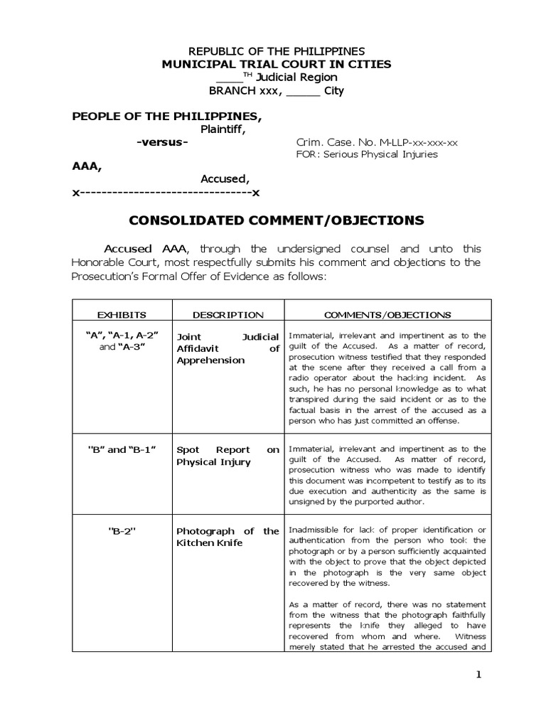 Sample Objection To Formal Offer of Exhibits | PDF | Evidence | Witness