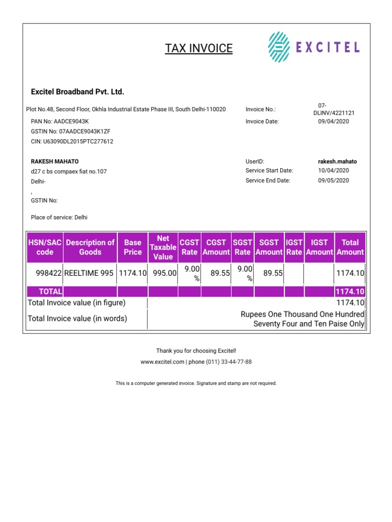 Tax Invoice: Excitel Broadband Pvt. LTD | PDF | Economies | Public Finance