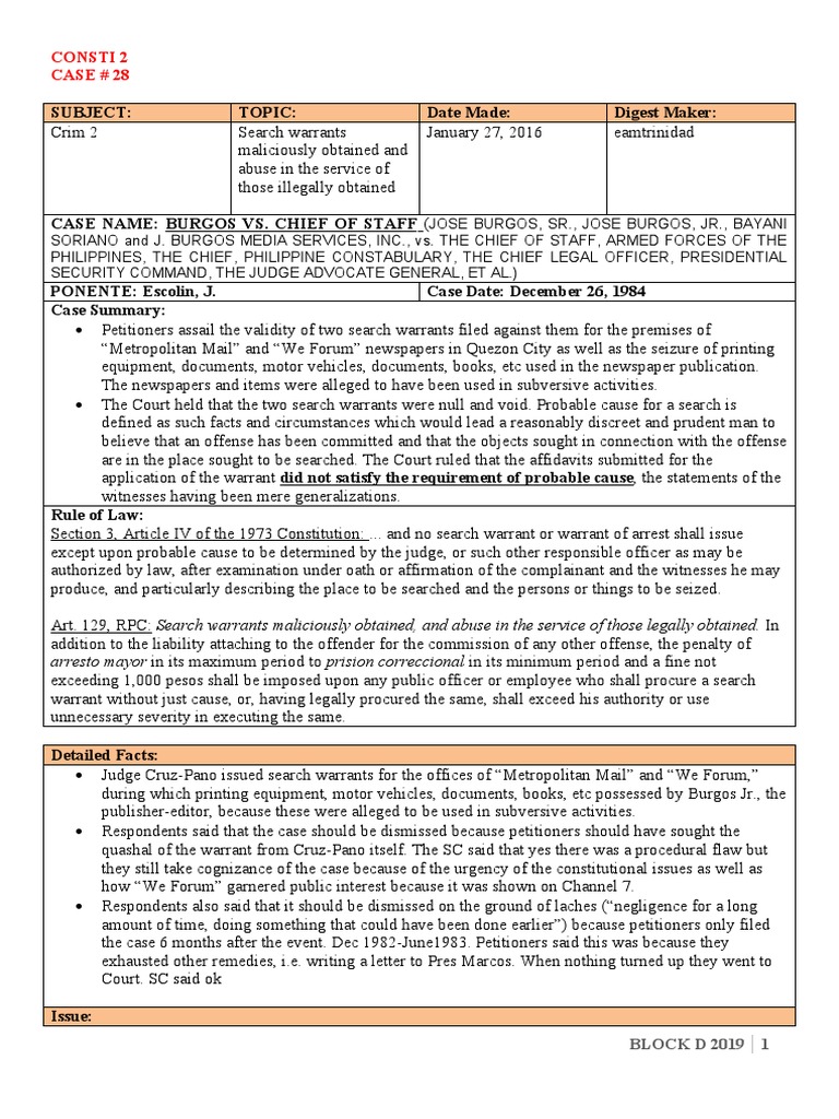 Invalid Search Warrants in Burgos Case | PDF | Probable Cause | Search ...