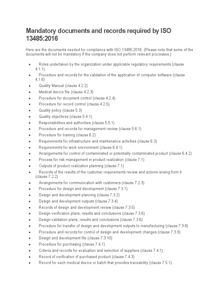 ISO 13485:2016 Mandatory Documents List | PDF | Verification And ...