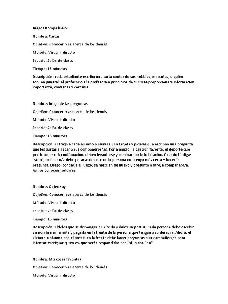 Juegos Rompehielos para Clases | PDF