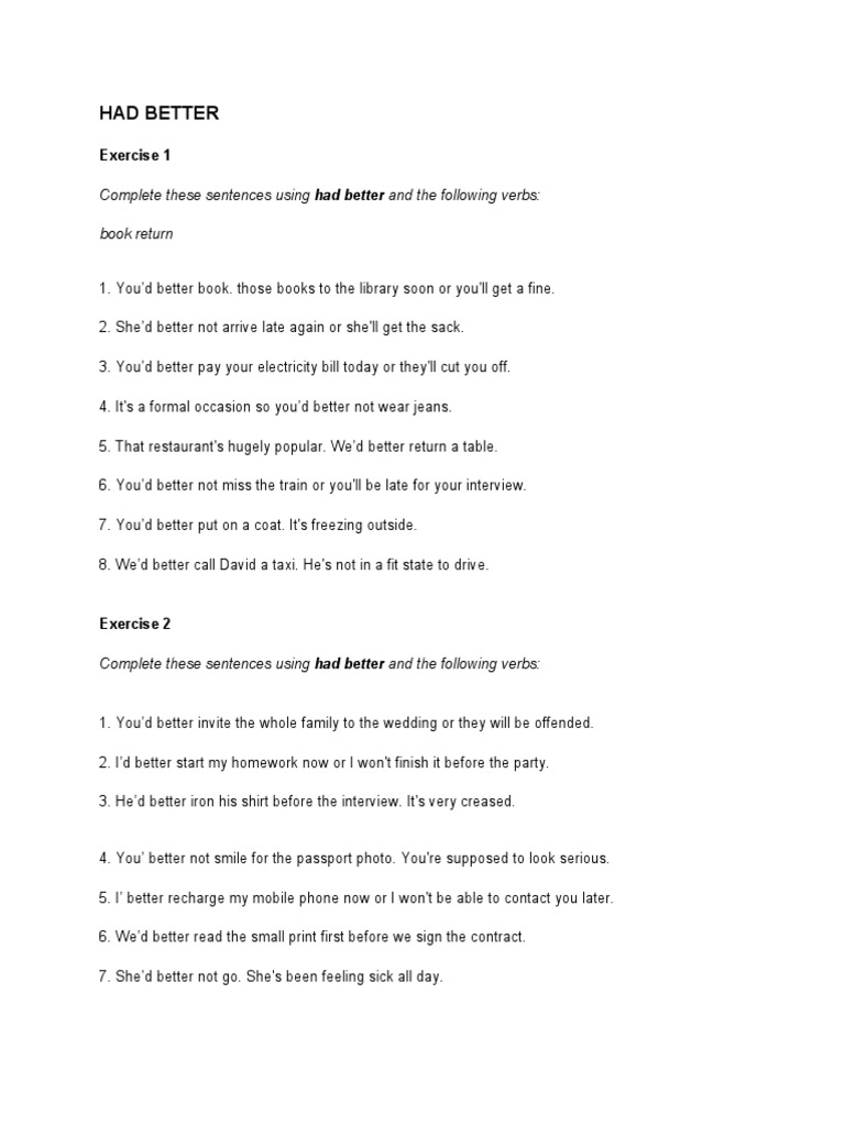 Had Better: Exercise 1 | PDF