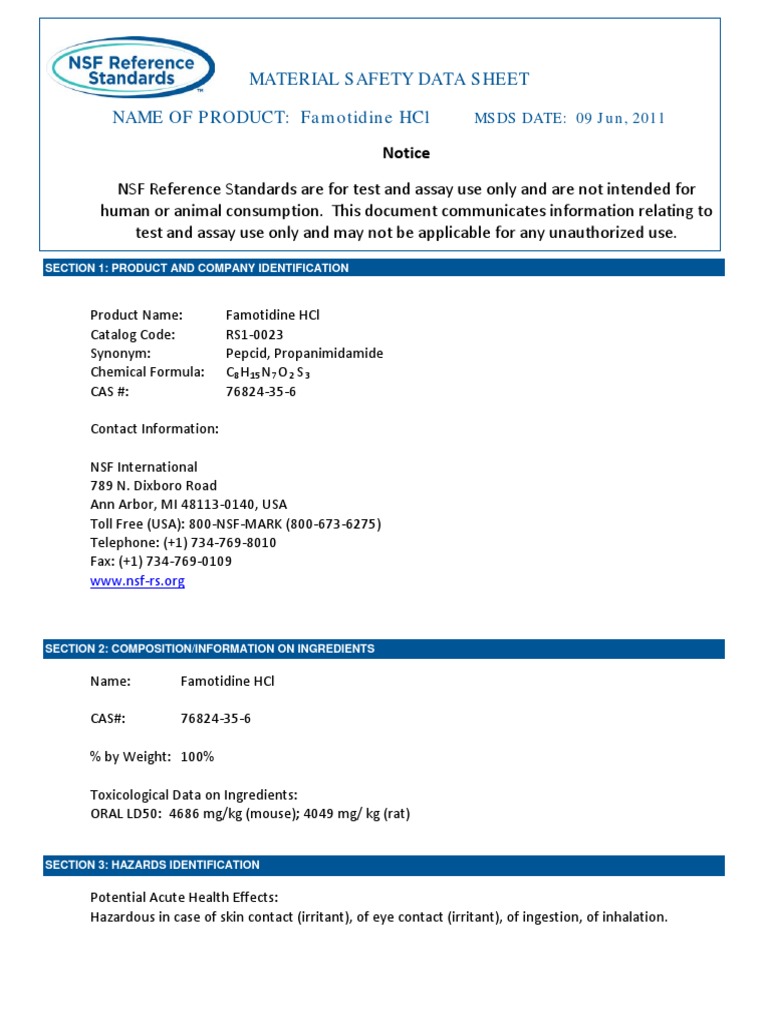 Famotidine HCl MSDS Overview | PDF | Toxicity | Solubility