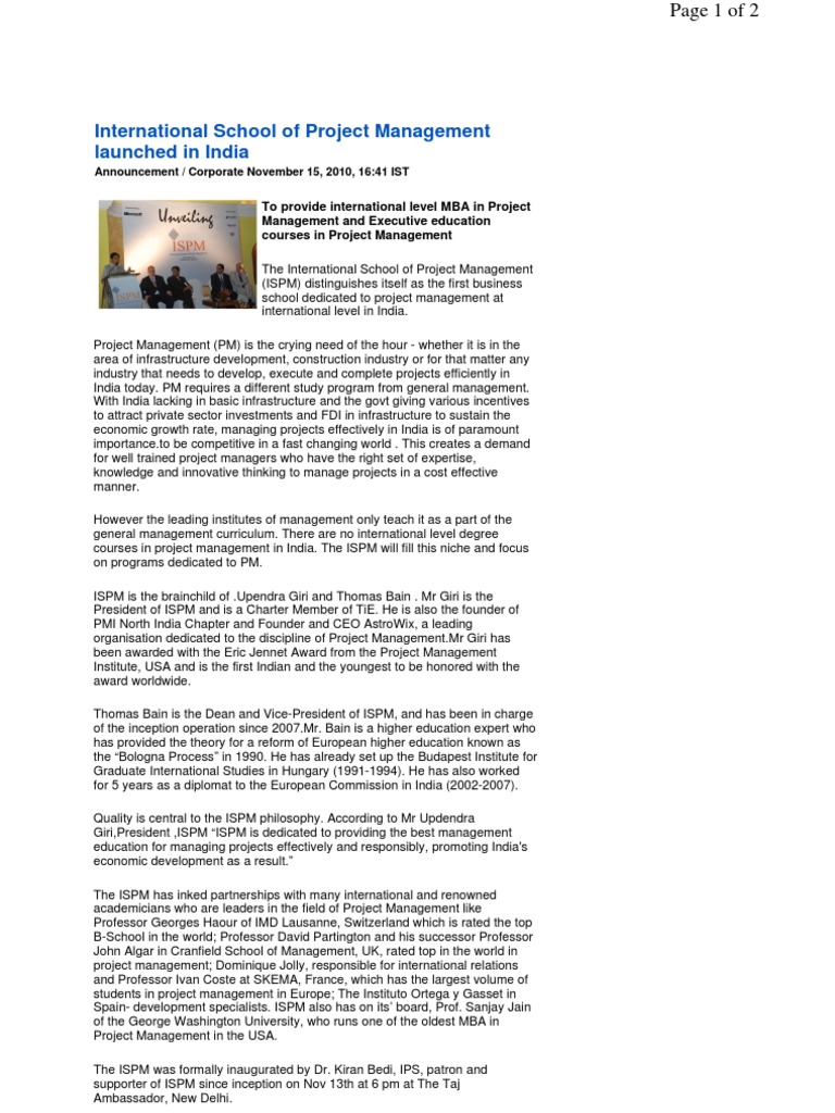 ISPM Inaugurated | PDF | Project Management | Infrastructure