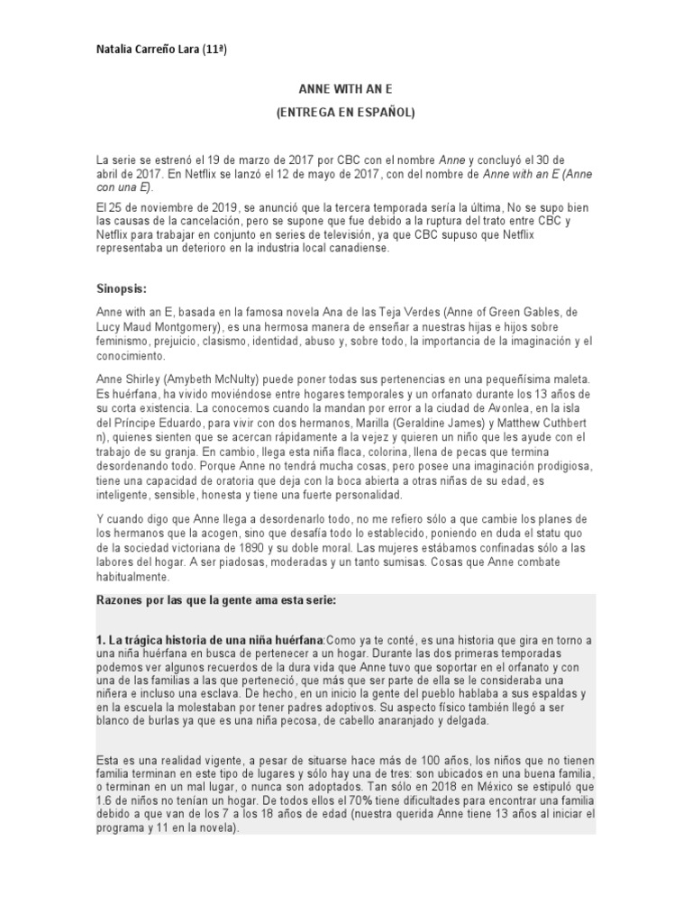 Anne with an E: Resumen y Temáticas | PDF