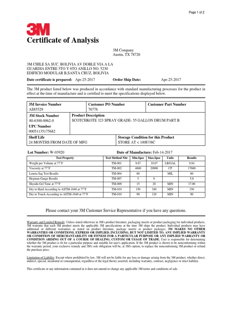 Certificate of Analysis: Please Contact Your 3M Customer Service ...