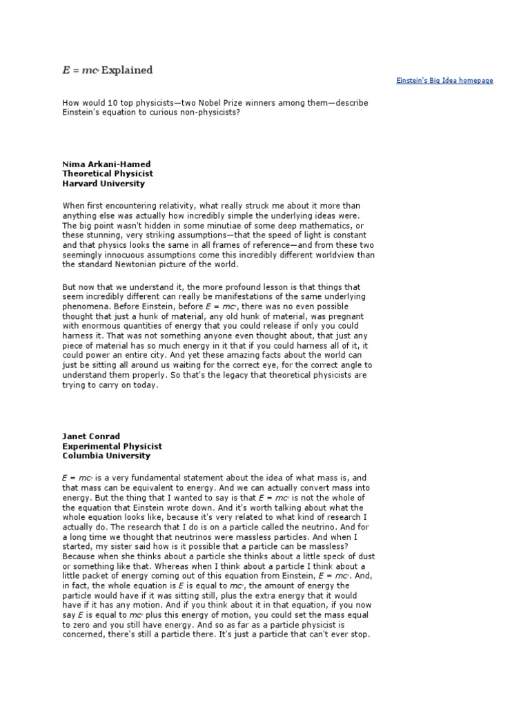 E MC Square Explained | PDF | Mass | Special Relativity