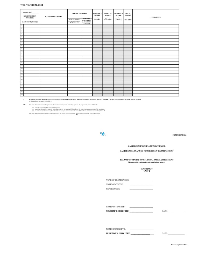 CAPE Sociology SBARecordofMarks Unit2 | PDF | Test (Assessment ...