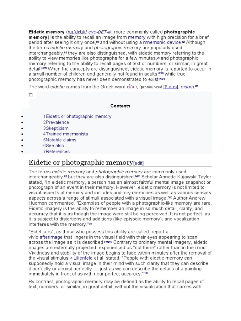 Eidetic or Photographic Memory: /aɪ Dɛtɪk/ Memory Mnemonic Device | PDF ...