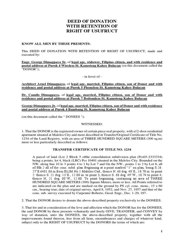 Deed of Donation with Usufruct Rights | PDF | Civil Law (Common Law ...