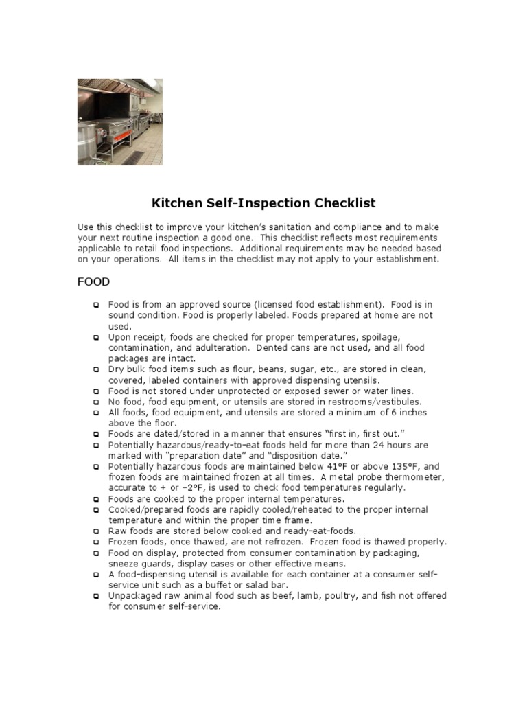 Kitchen Self-Inspection Checklist Guide | PDF | Dishwasher | Foods