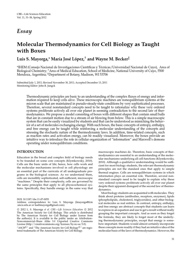 Molecular Thermodynamics For Cell Biology As Taught With Boxes | PDF ...