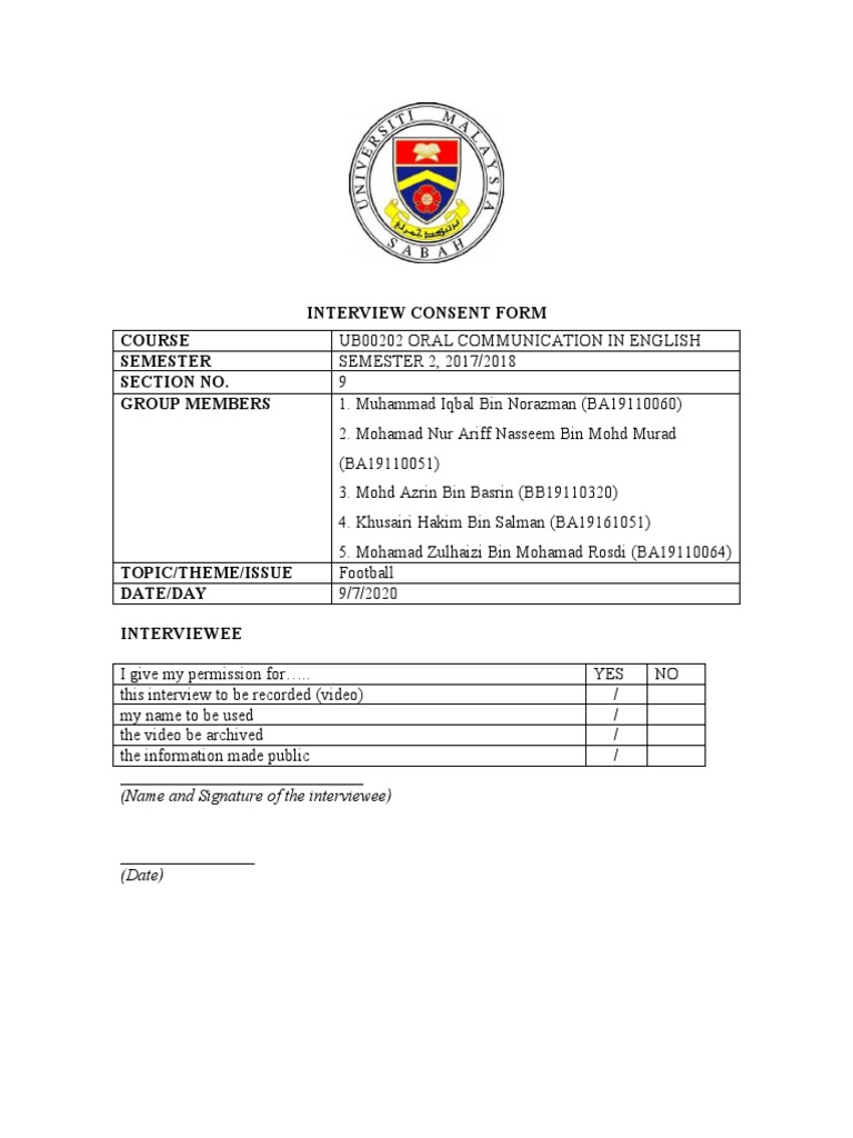 Interview Consent Form Course Semester Section No. Group Members | PDF