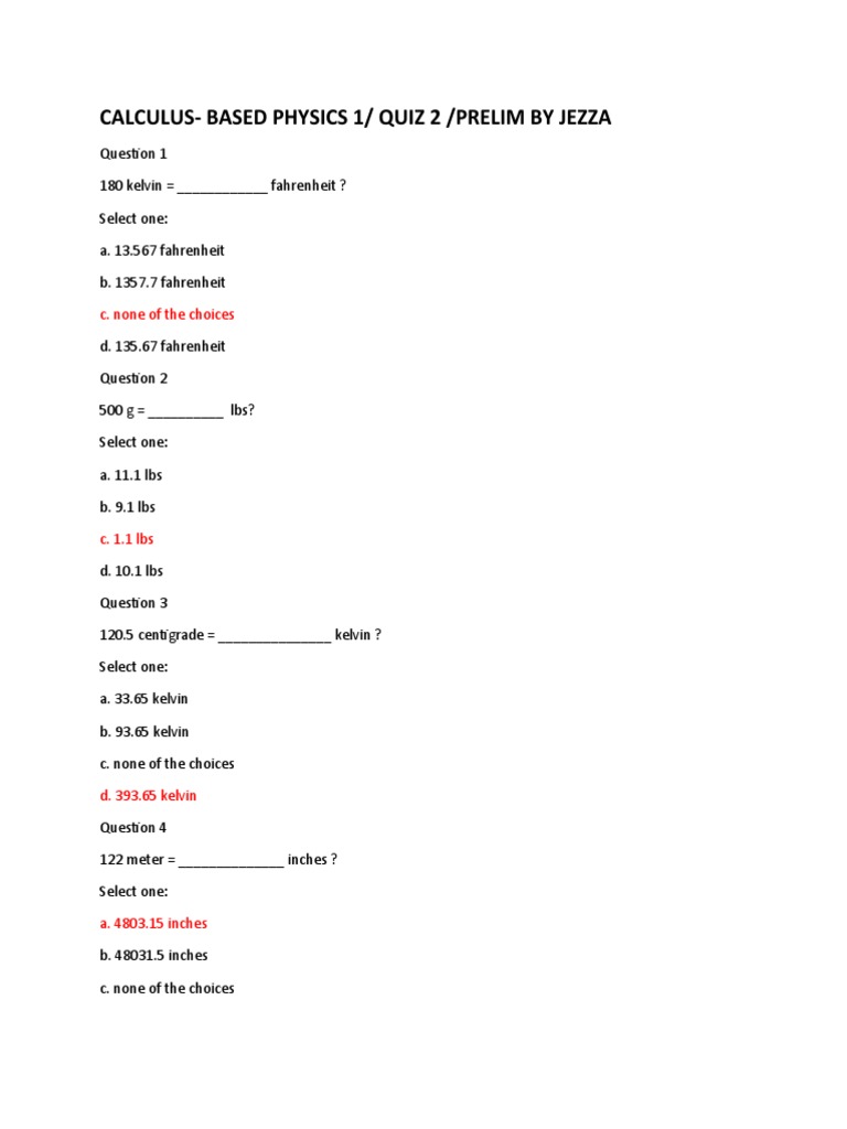 Calculus-Based Physics 1 Quiz 2 Prelim by Jezza | PDF | Celsius ...