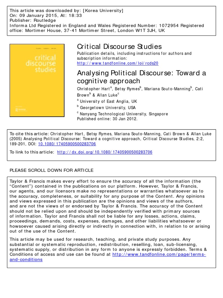 Analysing Political Discourse Toward A Cognitive Approach Hart Et Al Download Free Pdf