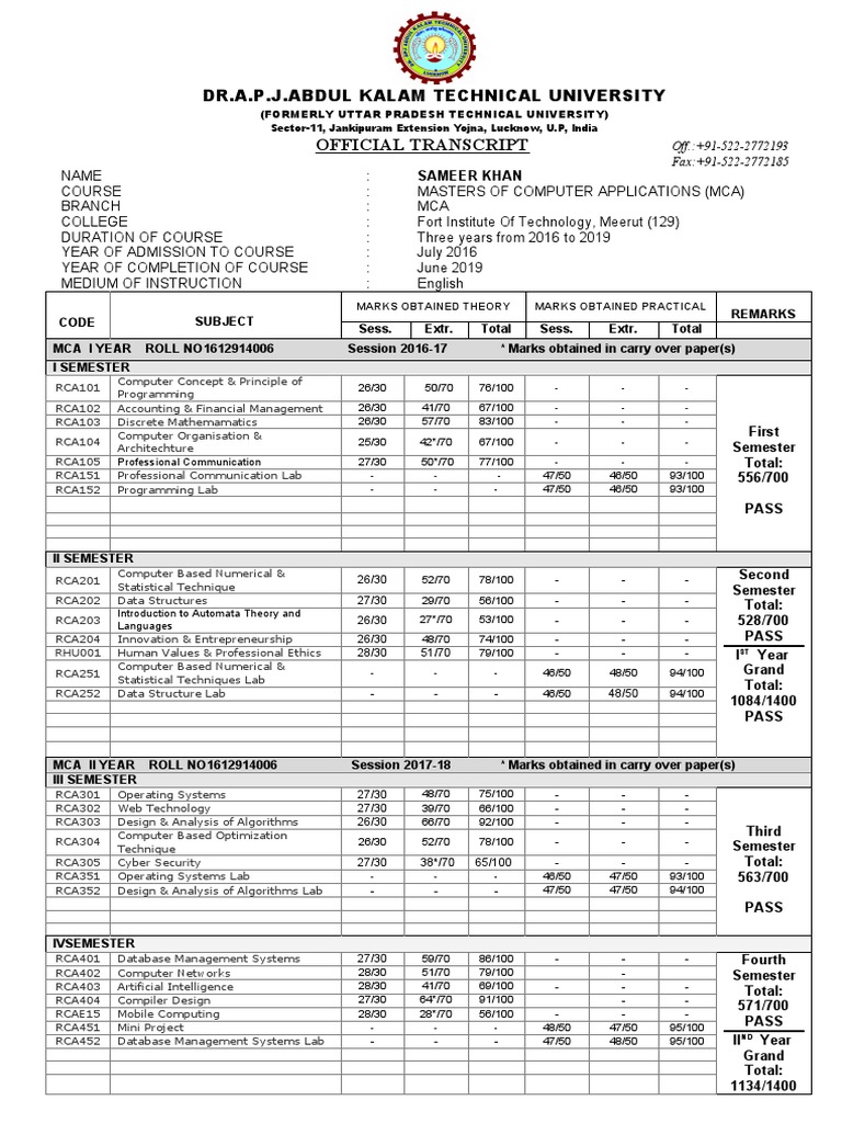 Official Transcript: Dr.A.P.J.Abdul Kalam Technical University | PDF ...