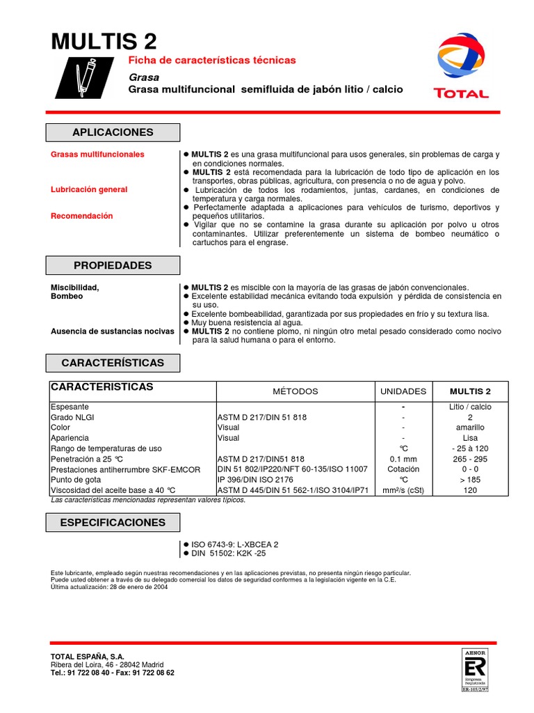 Ficha Tecnica Grasa Multis 2 | PDF | Lubricante | Sustancias químicas