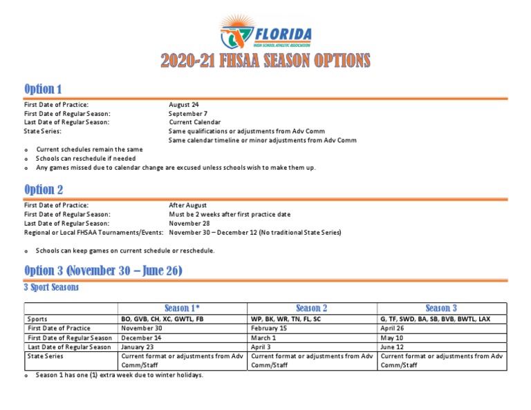 FHSAA 2020-21 Season Options | PDF