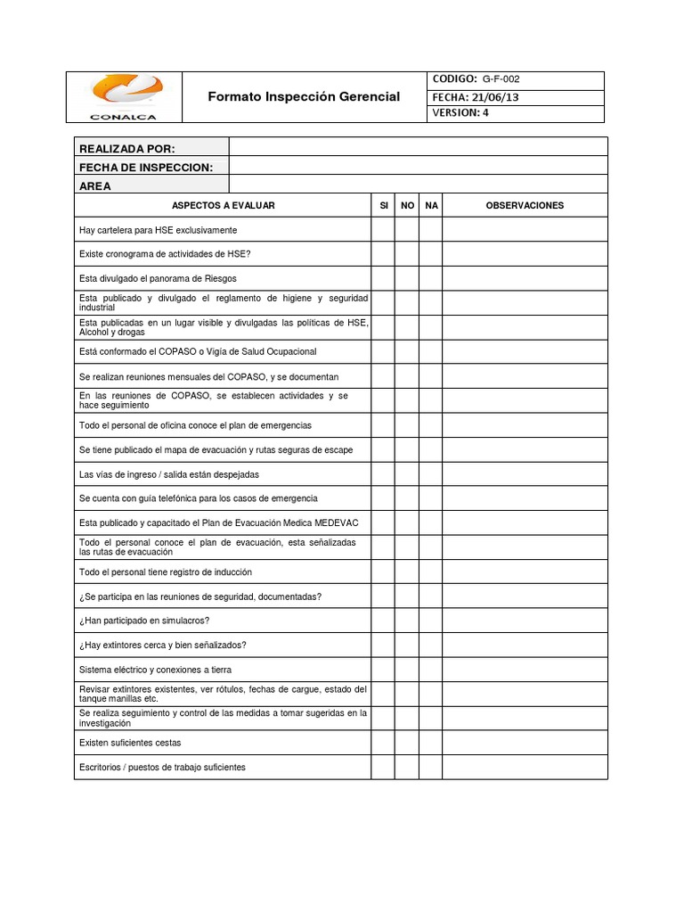 G-F-002 Formato Inspección Gerencial | PDF | Seguridad y salud ocupacional | Salud y bienestar