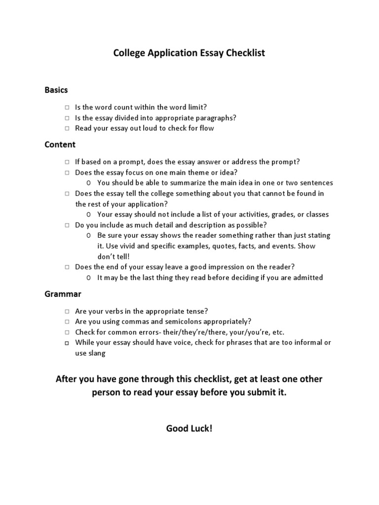 College Application Essay Checklist | PDF