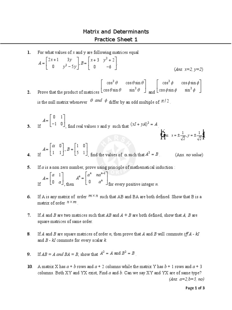 Matrices and Determinants - Question Sheet 1 | PDF | Matrix ... Matrices and Determinants - Question Sheet 1 | PDF | Matrix ...