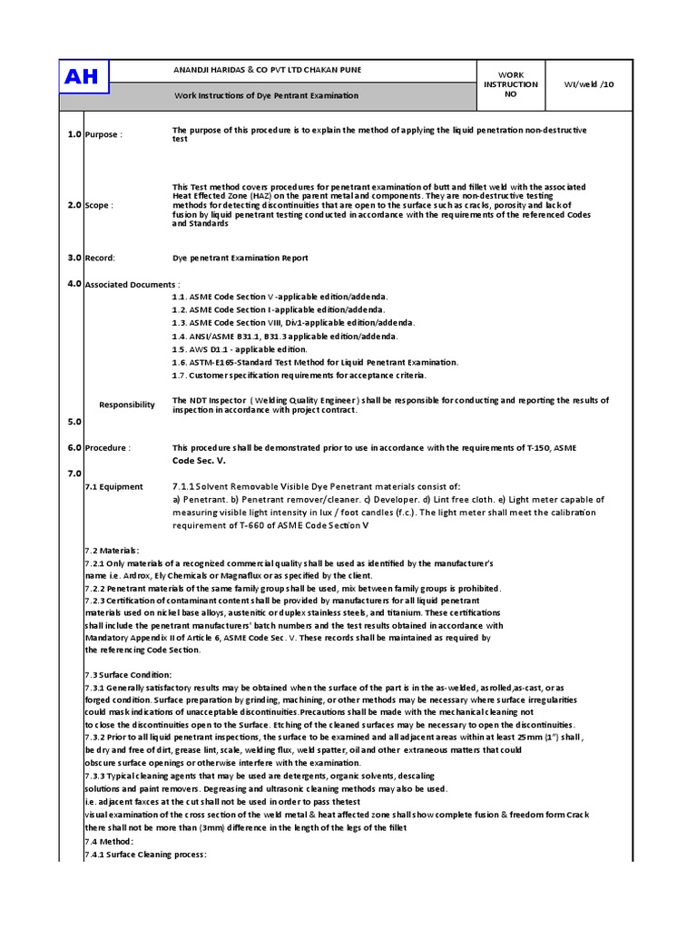 Dye Penetrant Testing Work Instructions | PDF | Nondestructive Testing ...