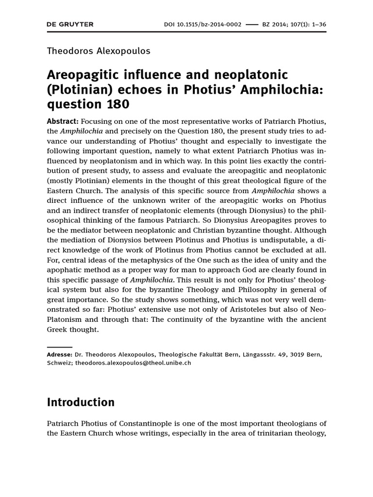 Areopagitic Influence and Neoplatonic (Plotinian) Echoes in Photius ...