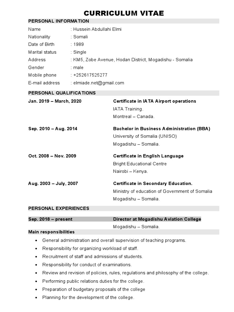 Curriculum Vitae | PDF | Somalia | Mogadishu