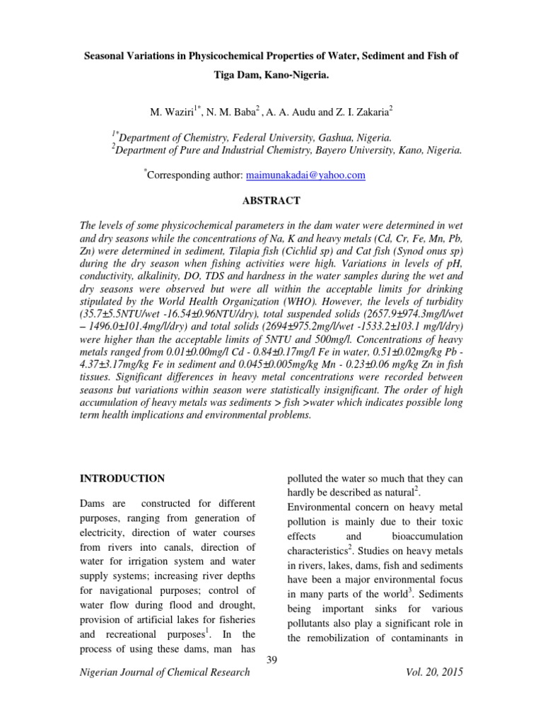 Seasonal Variations in Physicochemical Properties of Water, Sediment ...