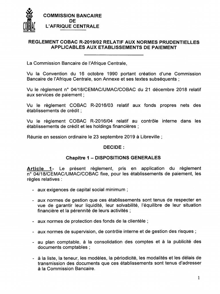 Reglement Cobac r-201902 Relatif Aux Normes Prudentielles Applicables ...