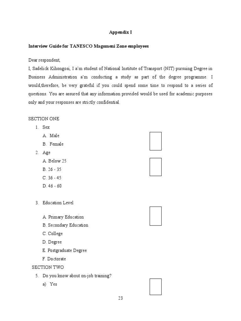 Appendix I Interview Guide For TANESCO Magomeni Zone Employees | PDF ...