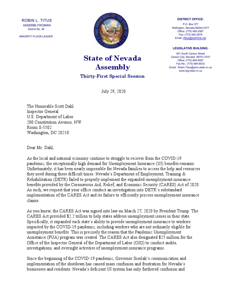 Letter To OIG Investigation Request For DETR | PDF | Unemployment ...