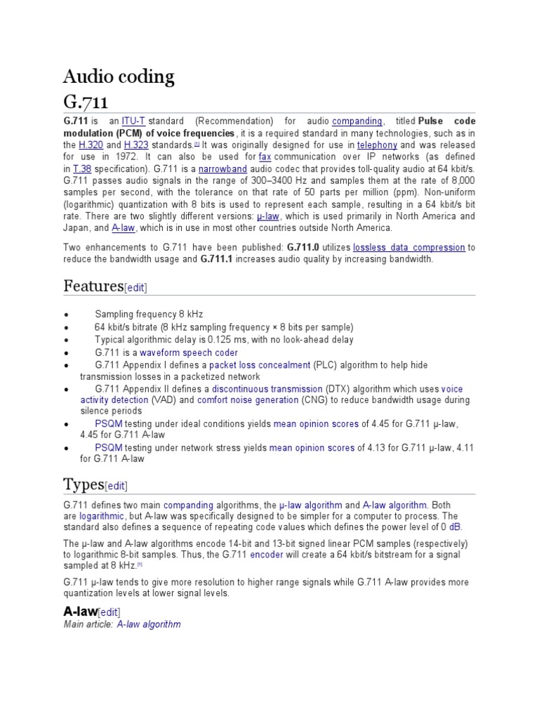 Audio Coding G.711: Features | PDF | Data Compression | Electronics