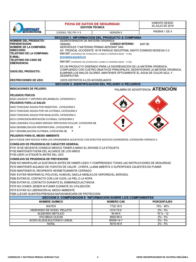 Anexo 4. Fichas de Datos de Seguridad de Los Quimicos Usados | PDF | Residuos | Toxicidad