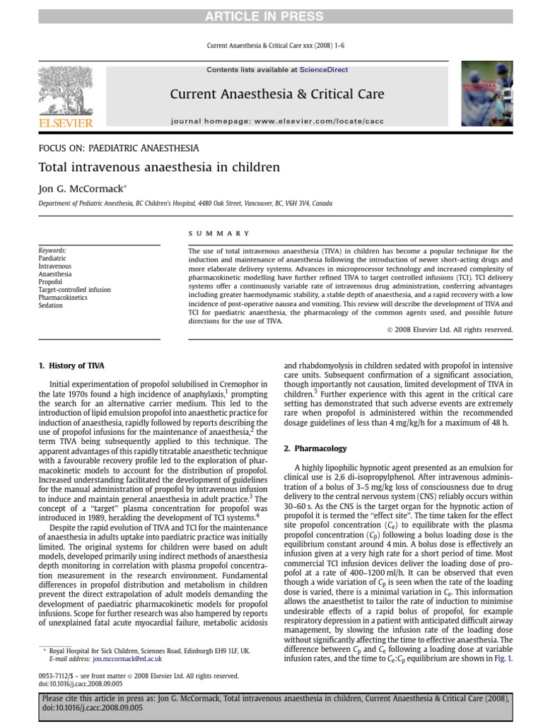 Total Intravenous Anaesthesia in Children-1 PDF | PDF | Anesthesia ...