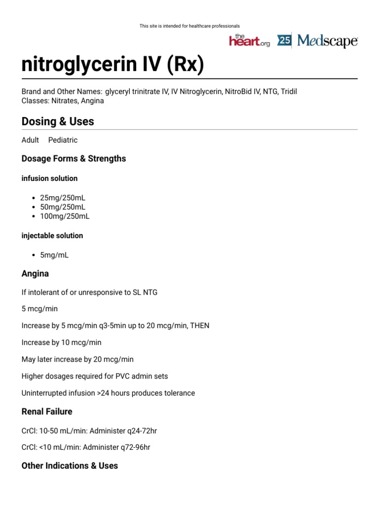 Nitroglycerin IV for healthcare professionals | PDF