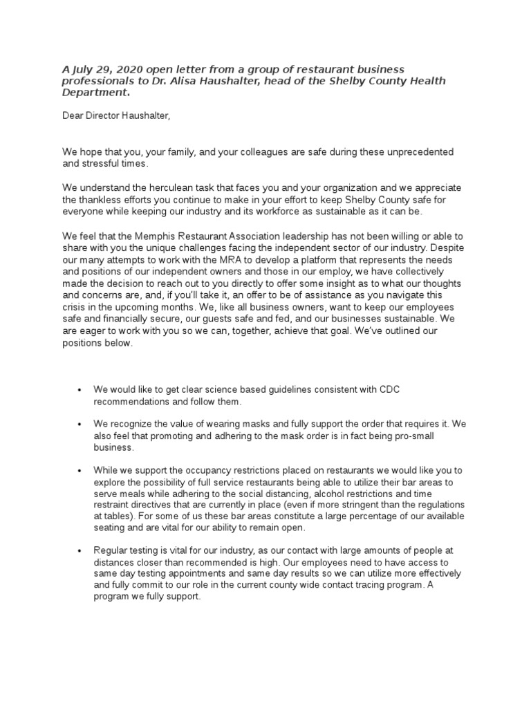7 29 20 Restaurant Open Letter | PDF | Economies | Business