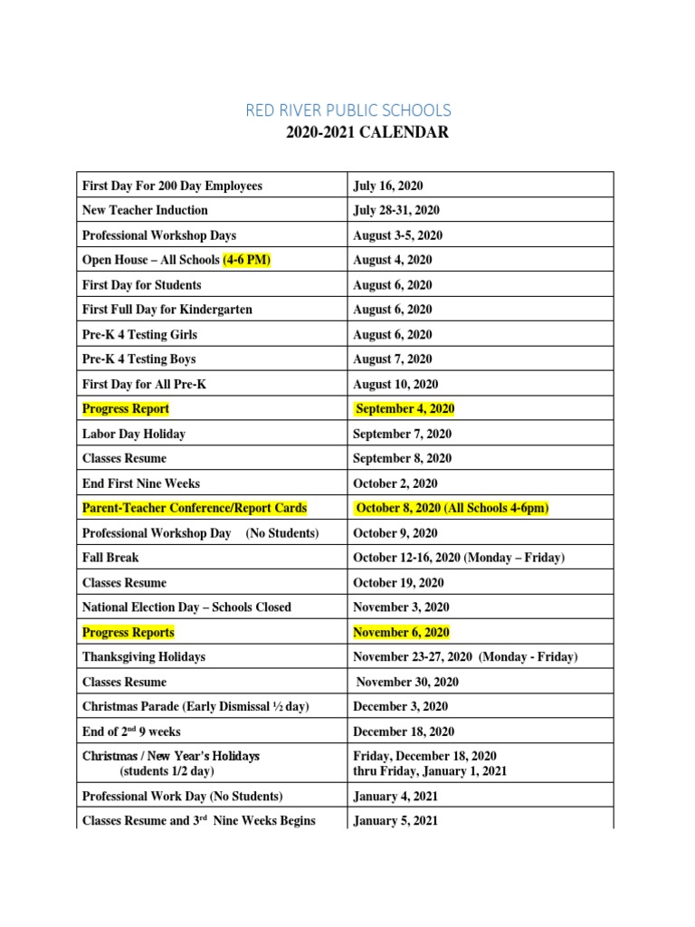 Red River Parish Public Schools' 2020-21 Calendar | PDF | Observances ...