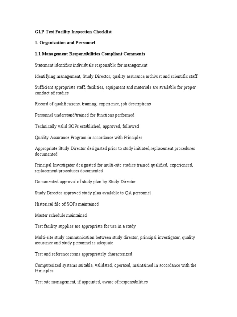 GLP Test Facility Inspection Checklist | PDF | Verification And ...