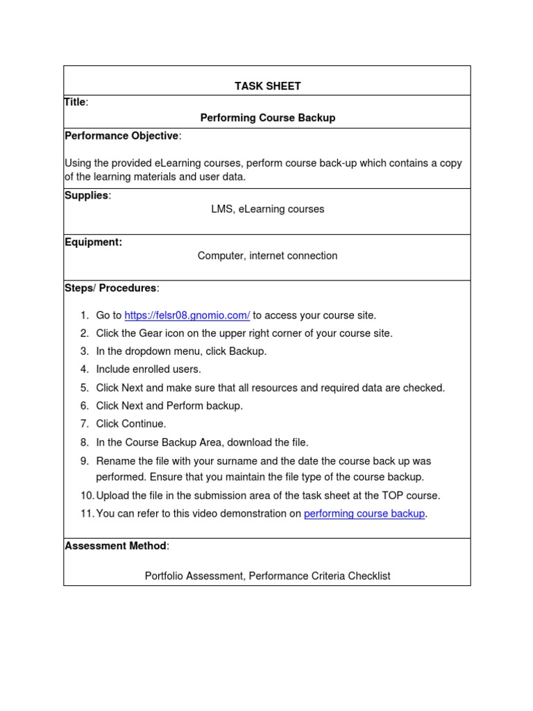 TASK SHEET - Backup PCC | PDF
