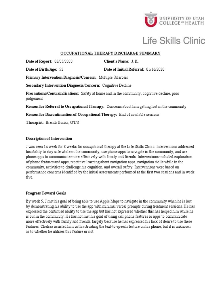 Discharge Summary | PDF | Occupational Therapy | Behavioural Sciences