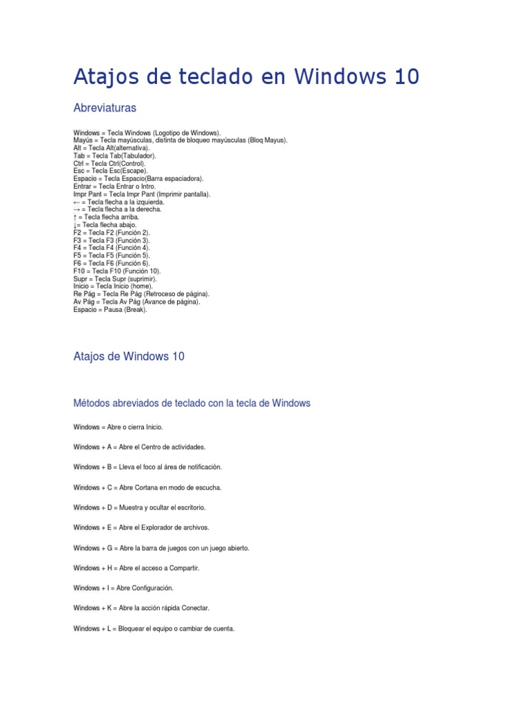 Atajos de Teclado en Windows 10 | PDF | Arquitectura X86 | Ventana ...