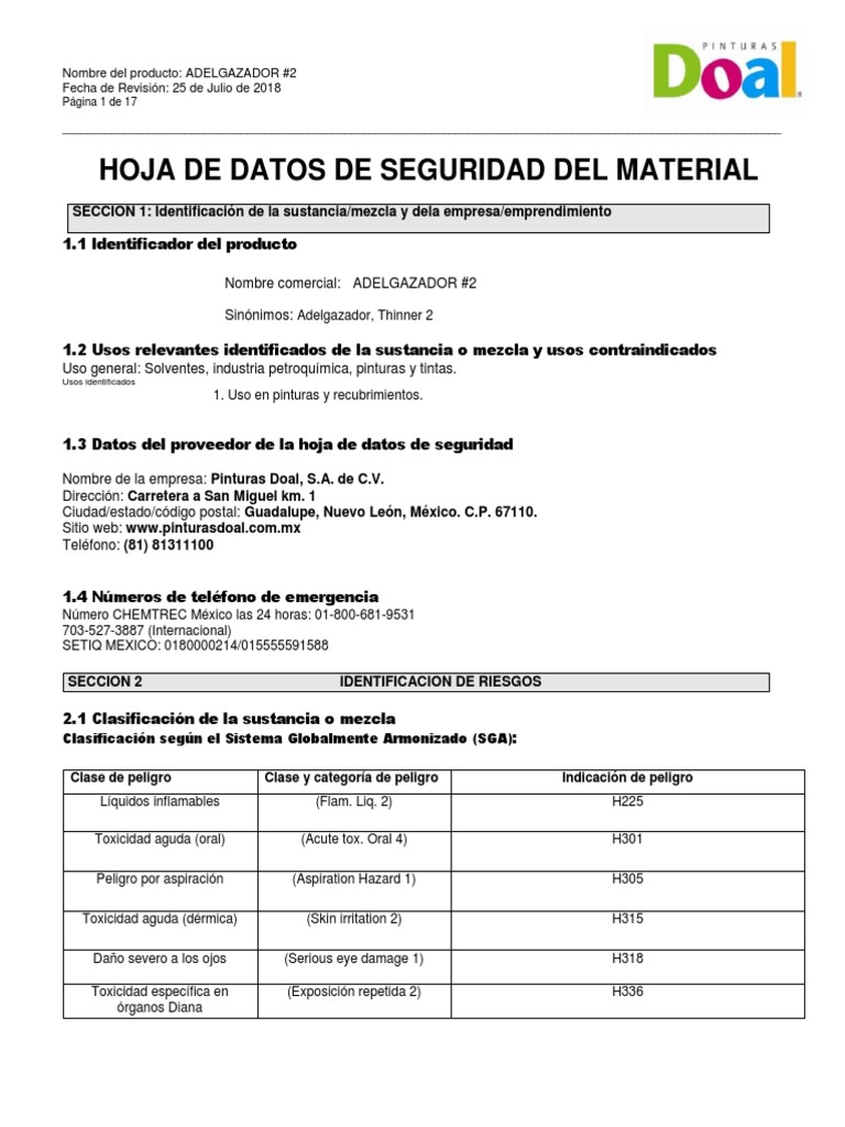 Hoja de Seguridad ADELGAZADOR N 2 Marca Doal | PDF | Tanques ...