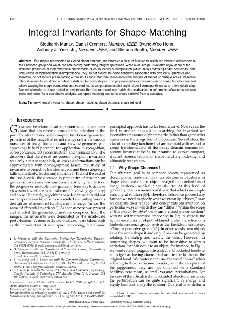 Integral Invariants For Shape Matching | PDF | Shape | Invariant (Mathematics)