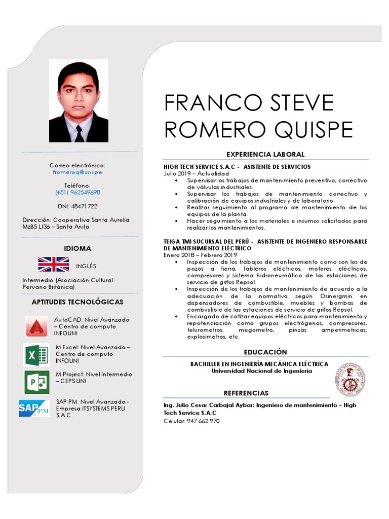Romero Quispe Franco Steve - CV | PDF | Ingeniería | Ingeniería mecánica