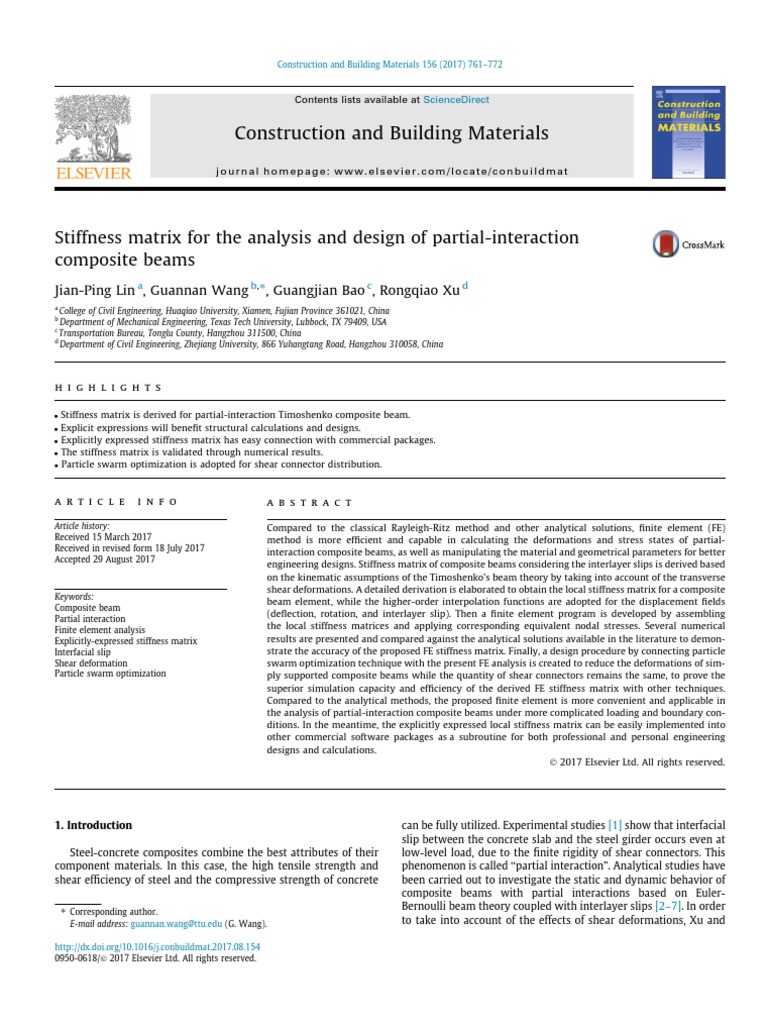 Stiffness Matrix for Partial-Interaction Composite Beams Analysis | PDF ...
