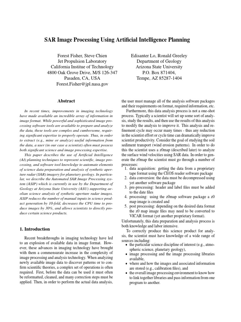 SAR Image Processing Using Artificial Intelligence Planning | PDF ...