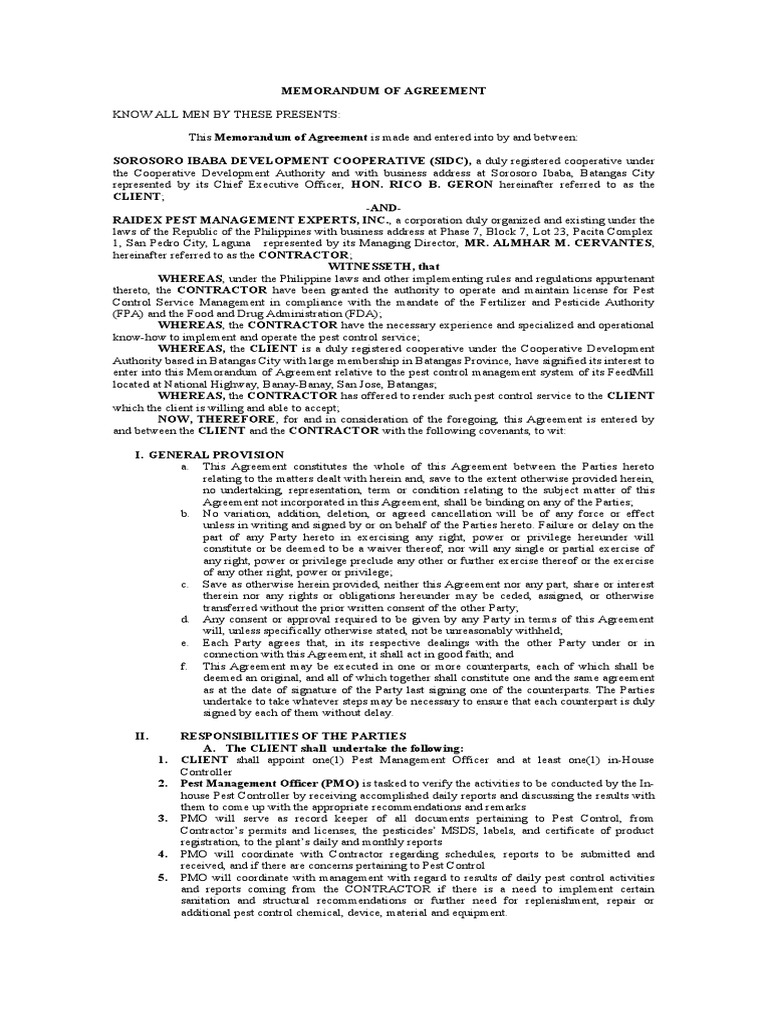 MEMORANDUM OF AGREEMENT - Pest Control | Download Free PDF | Indemnity ...